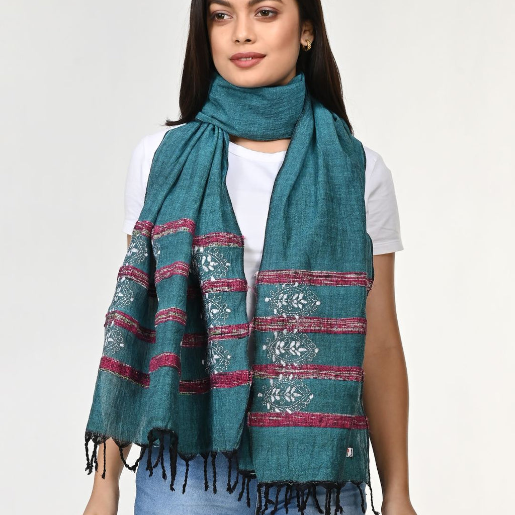 Buy Brown and Green Handloom Cotton Khesh Kantha Stole I ArtEastri ...